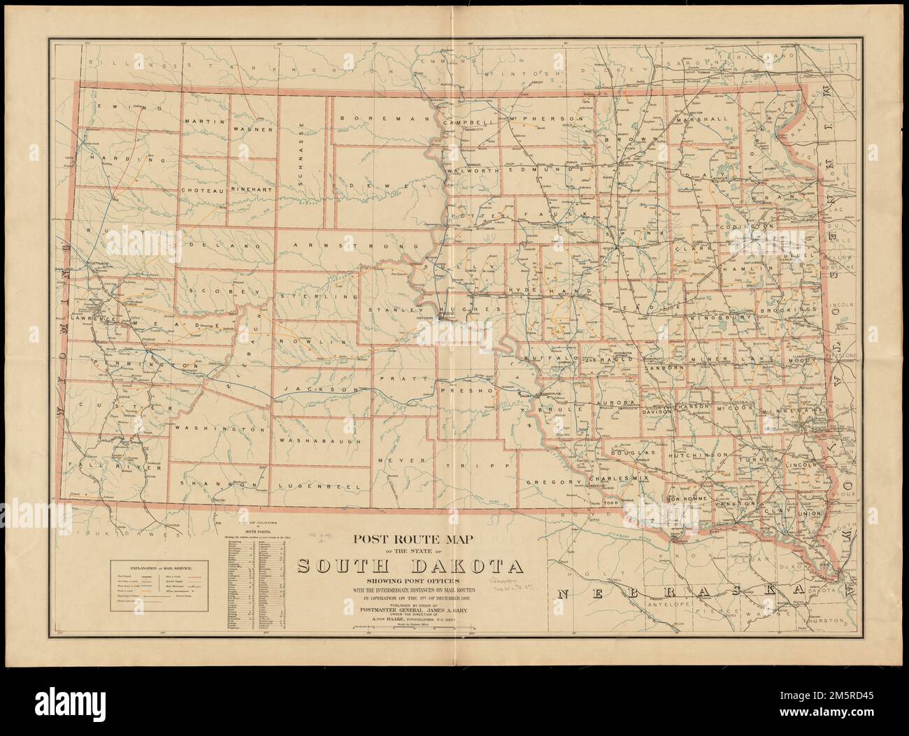 Post route map of the state of South Dakota showing post offices with ...
