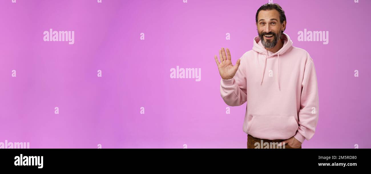 Cheeky charismatic funny happy smiling mature man bearded grey hair in ...