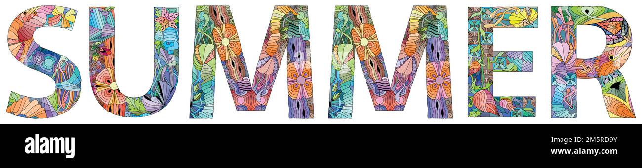 Hand-painted art design. Hand drawn illustration word SUMMER for t ...