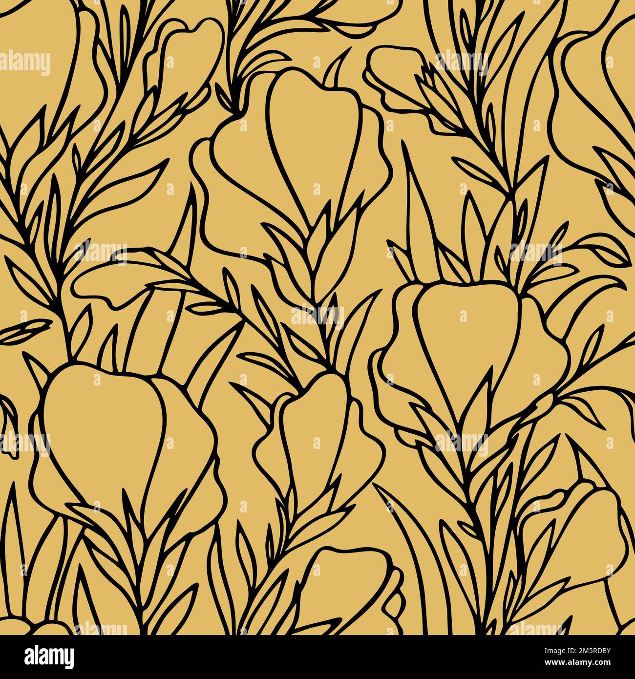 simple two-color seamless pattern of black large contours of flowers on ...