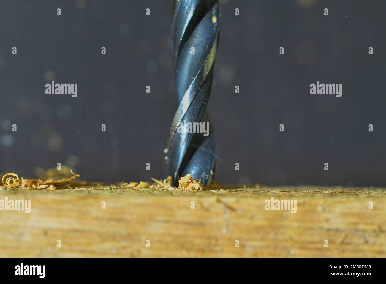 Rotating drill in wood. Drill with flying wood chips. Concept for ...