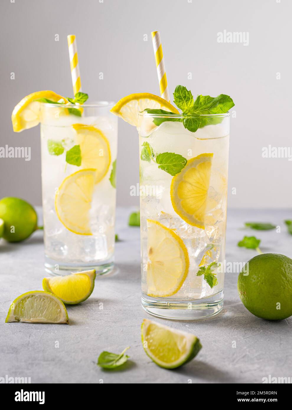 Mineral water with fresh lemons. Refreshing drink with lime, lemon, mint and ice in a tall glass ...