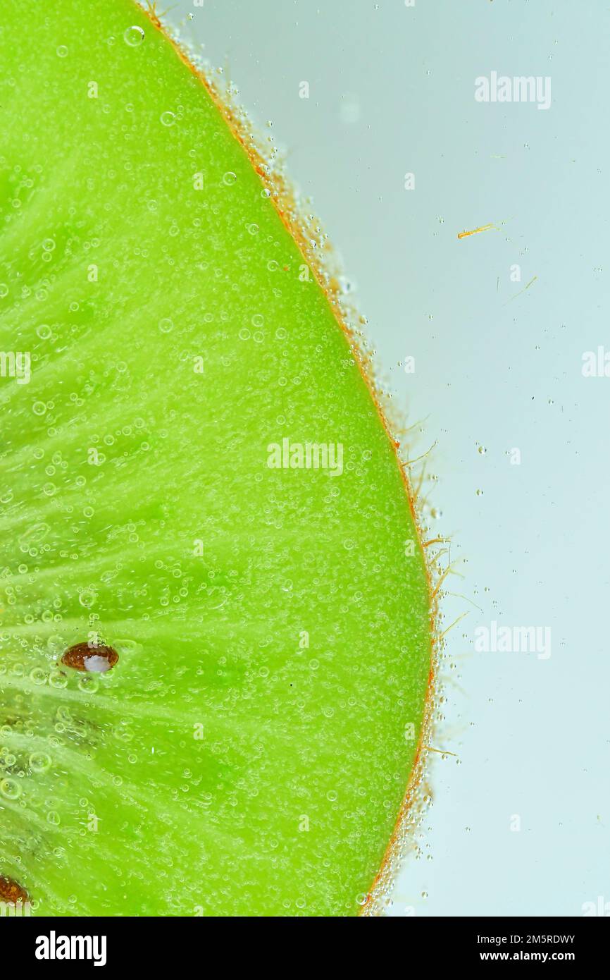 Fresh kiwi fruit slice in liquid with bubbles. Close-up of a kiwi fruit ...