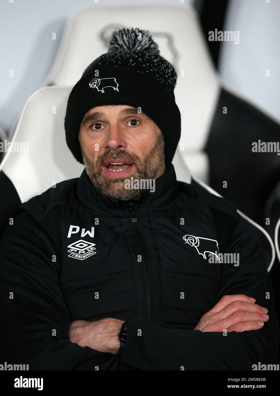Derby County manager Paul Warne reacts in the dugout during the Sky Bet ...