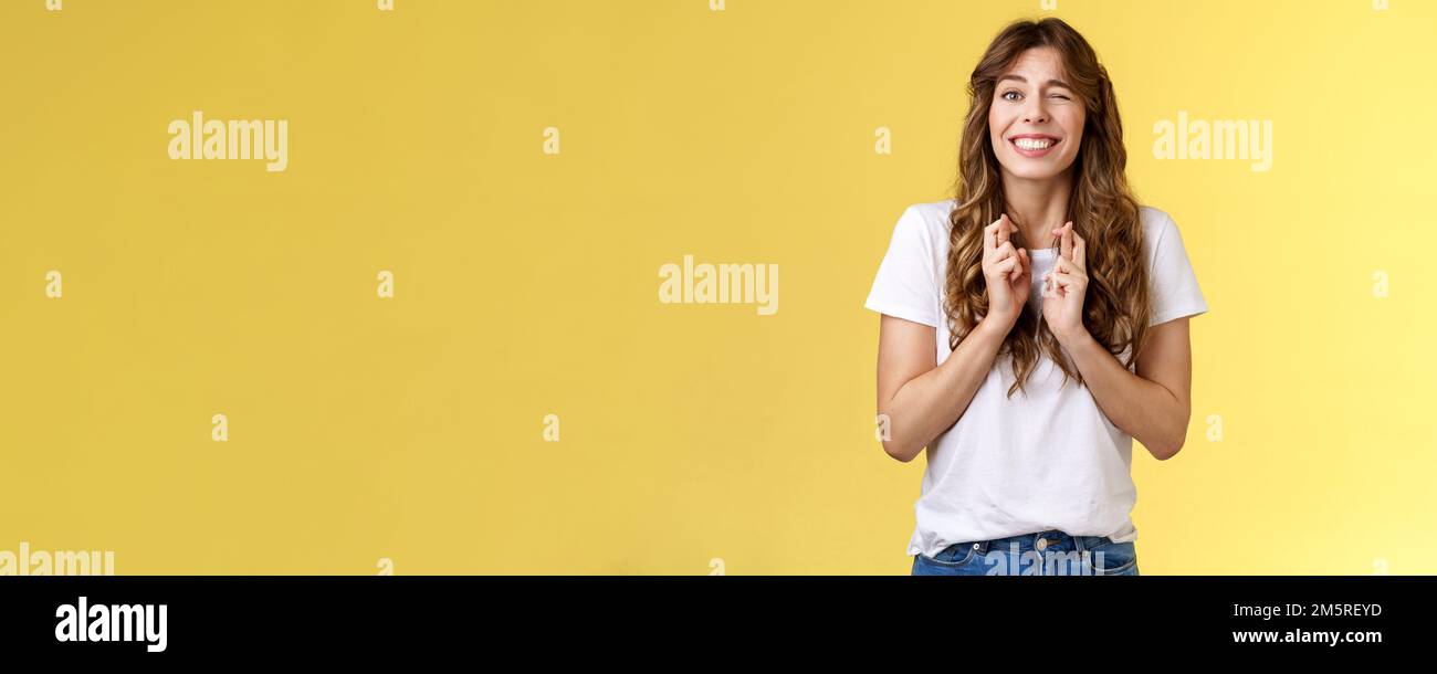 Excited happy cheerful optimistic girl peeking nervously awaiting ...