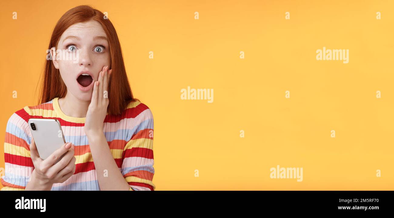 Concerned Shocked Emotive Redhead Girl Find Out Stunning News Look