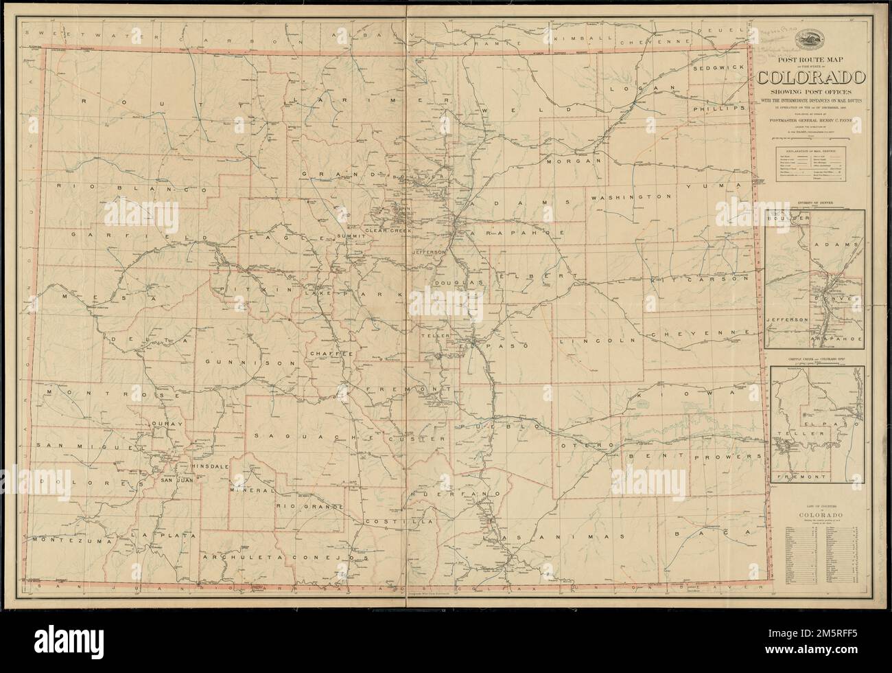 Post route map of the State of Colorado showing post offices with the ...