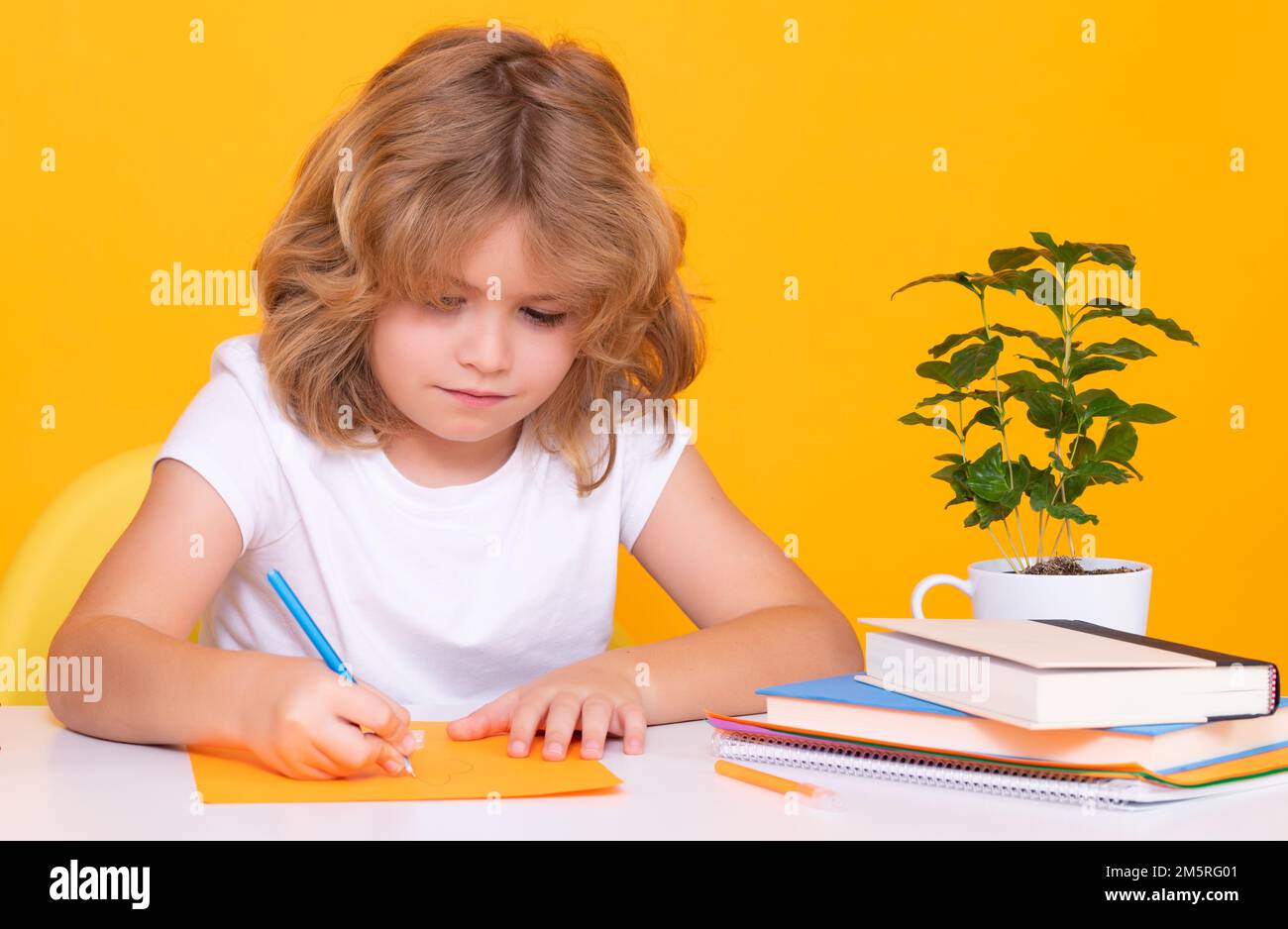 Child writing lesson. School child studying in classroom at elementary ...