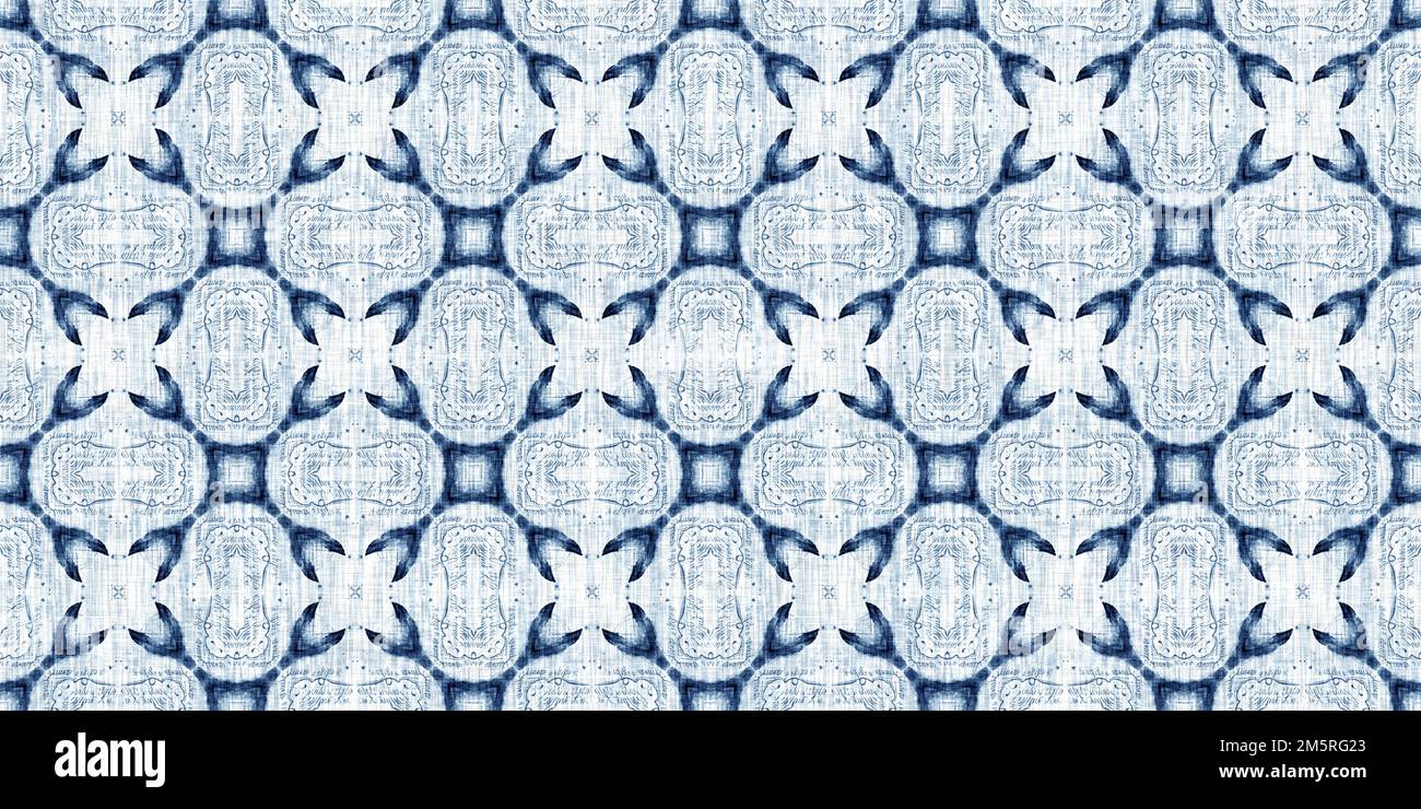 Indigo dye wash coastal damask seamless border pattern. Washed out ...