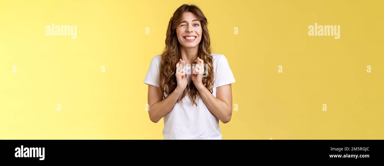 Excited happy cheerful optimistic girl peeking nervously awaiting ...