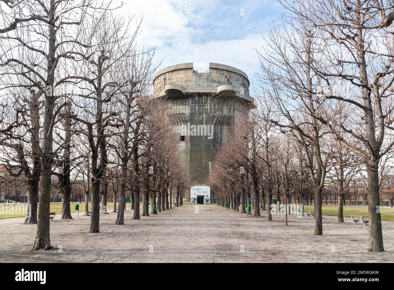 An alley to the "G" flak tower at Augarten park in Vienna, Austria ...