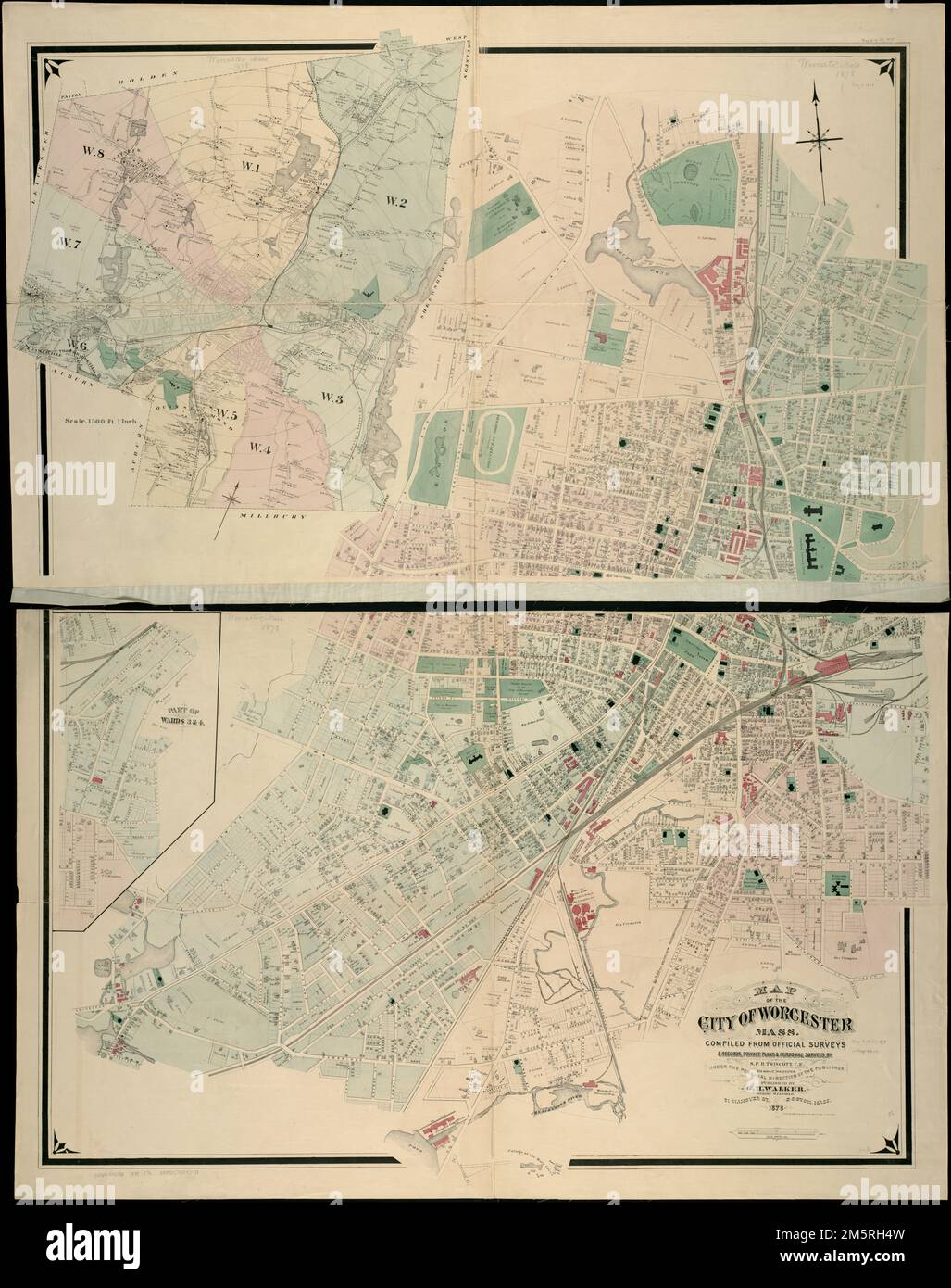 Map of the city of Worcester, Mass. Oriented with north toward the ...