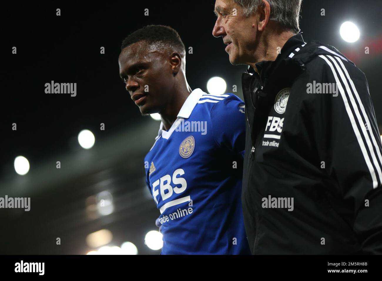 Leicester City's Patson Daka leaves the field of play after picking up ...