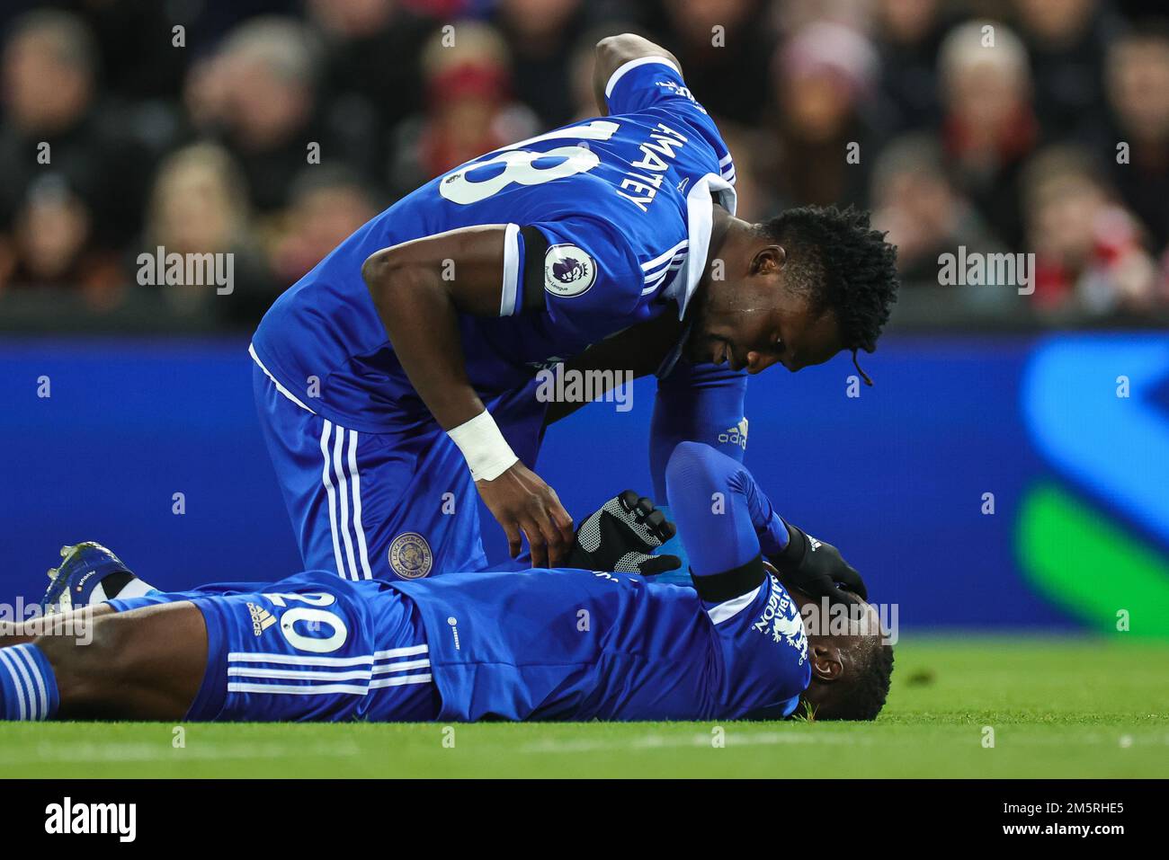 Daniel Amartey #18 of Leicester City checks on team mate Patson Daka ...