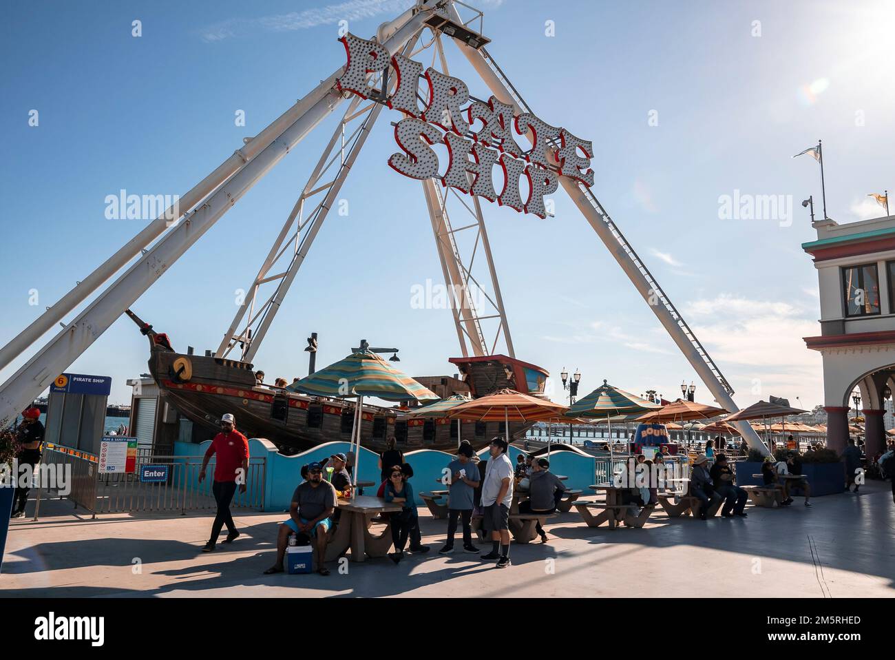 Pirate ship ride with text at Santa Cruz Beach Boardwalk during summer ...