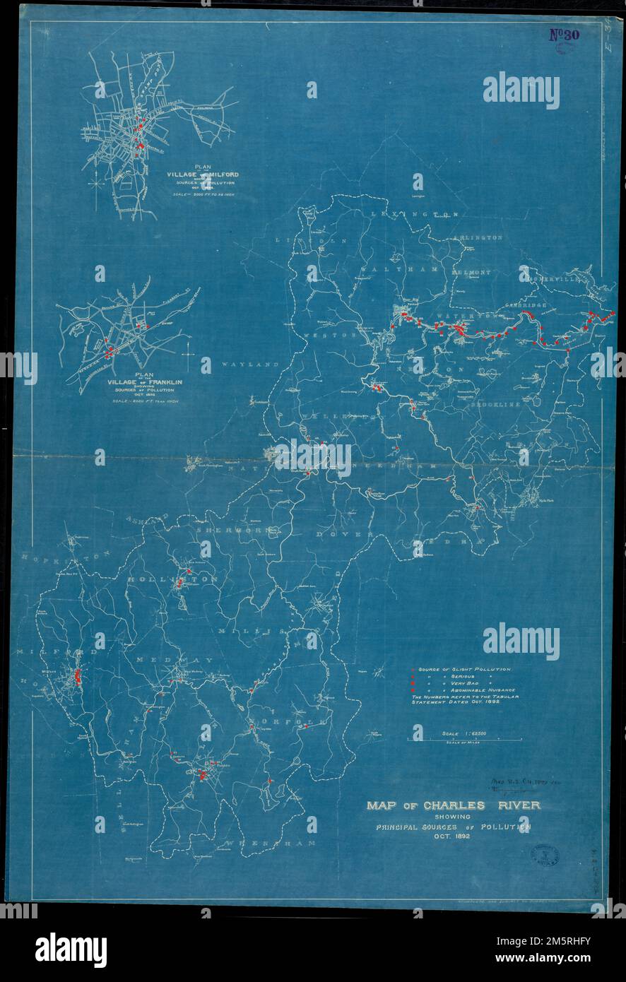 Map of Charles River showing principal sources of pollution. Blueprint ...