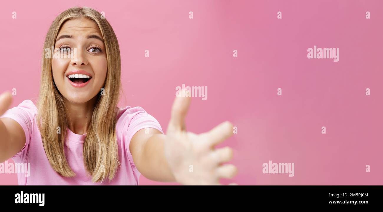 Close-up shot of caring and loving silly girl with tanned skin and fair ...