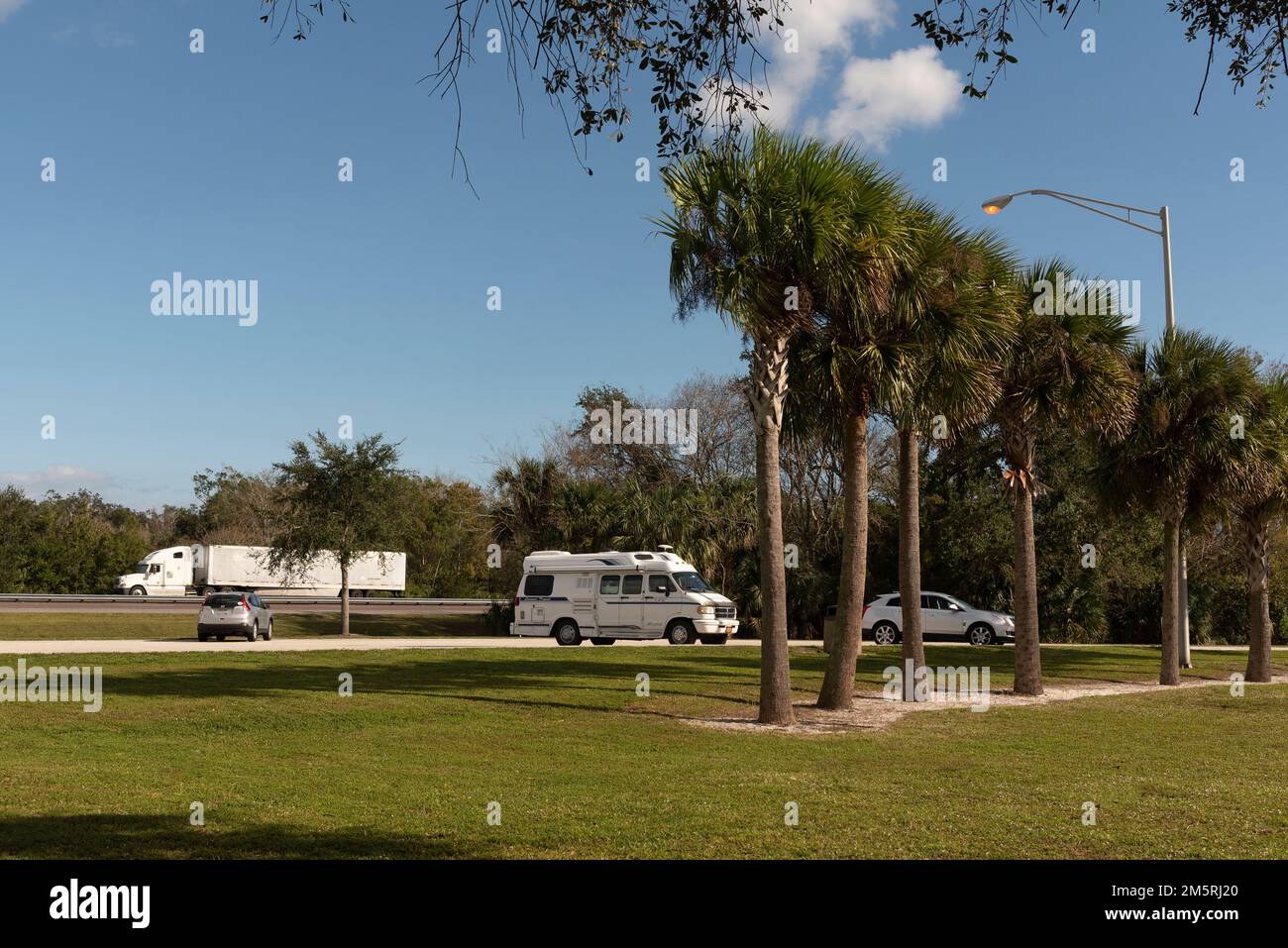 Florida, USA. 2022. Tree lined rest area alongside the highway in ...
