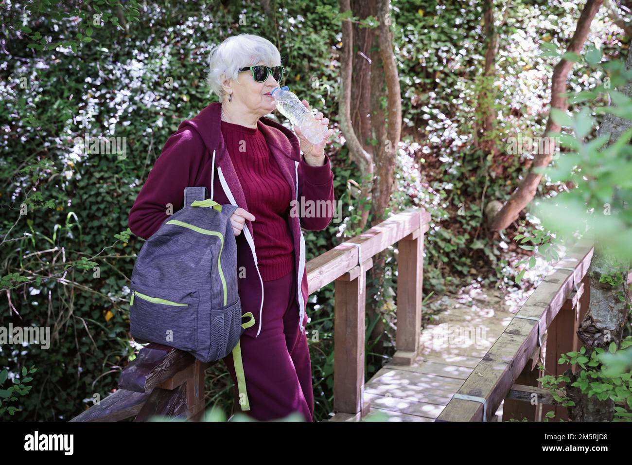 Senior woman hiking forest trail hi-res stock photography and images ...
