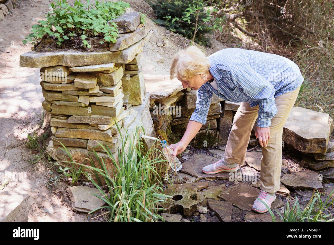 Elderly woman resting after an active walk in the forest Stock Photo ...
