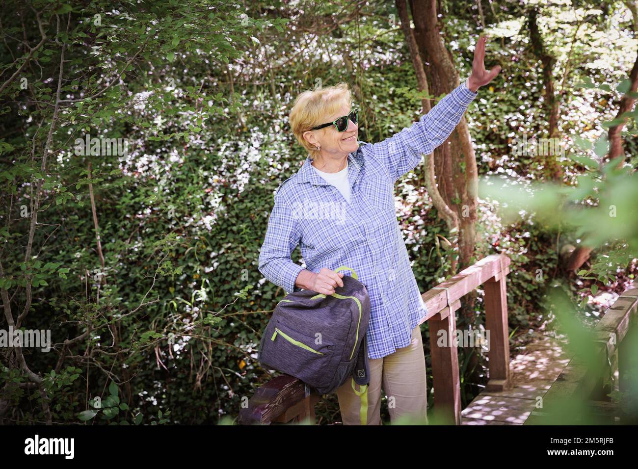 Senior woman hiking forest trail hi-res stock photography and images - Alamy