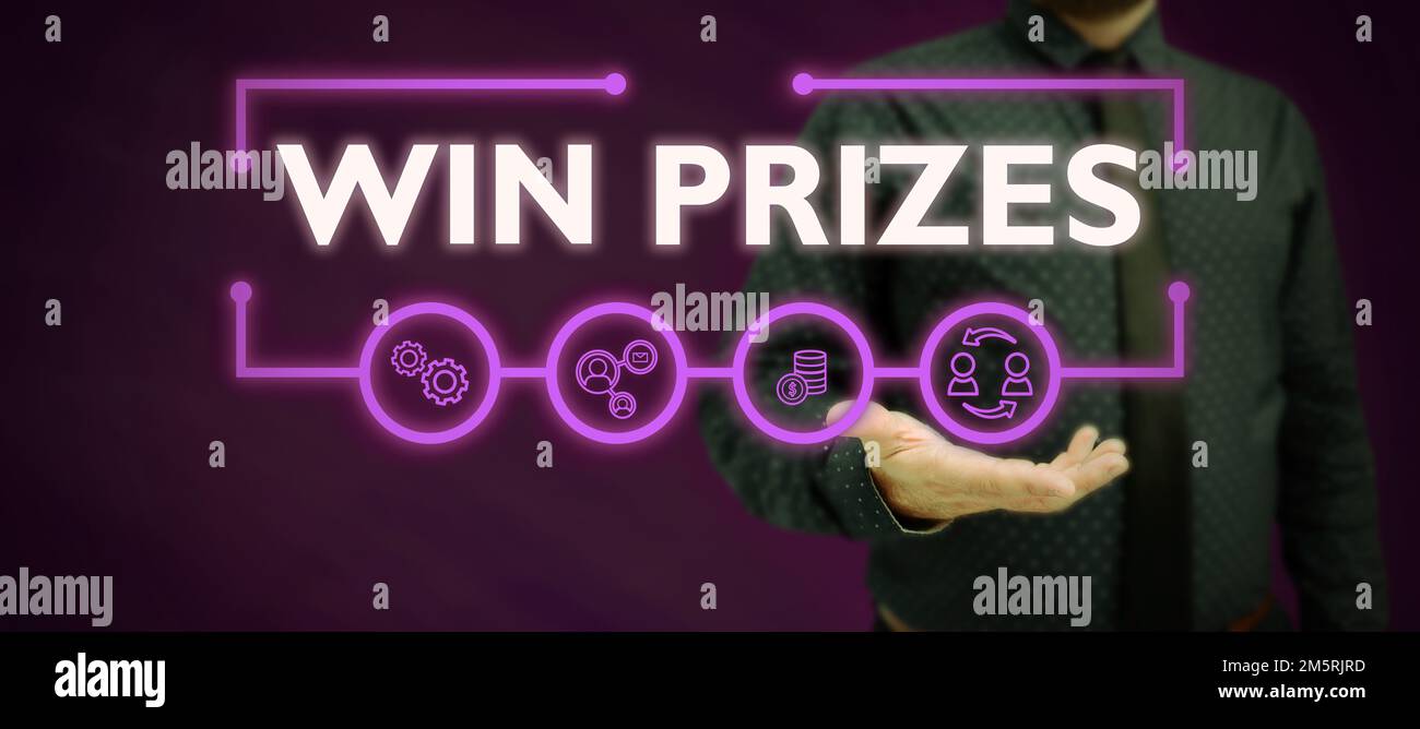 Text sign showing Win Prizes. Business concept something given for ...