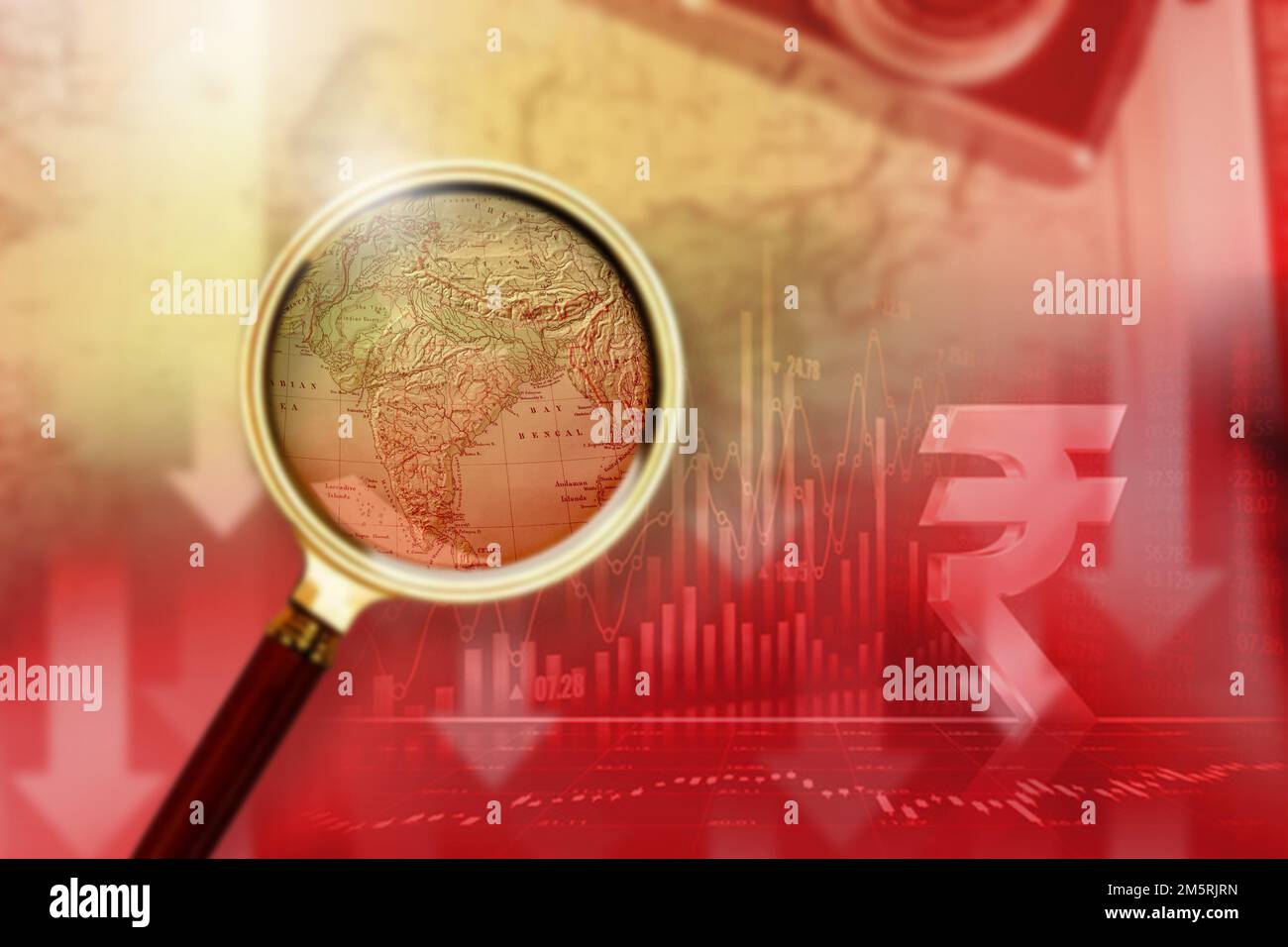 Magnifying glass on vintage retro India map currency downgrade. Vintage ...