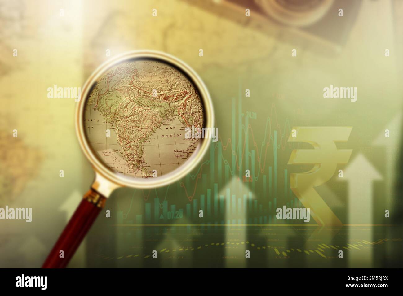 Magnifying glass on vintage retro India map currency upgrade. Vintage ...
