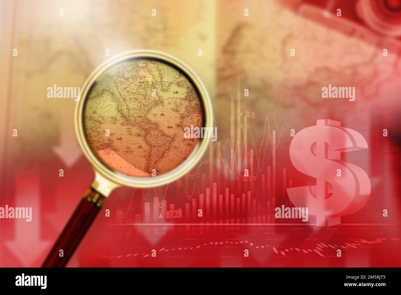 Magnifying glass on vintage retro USA map currency downgrade. Vintage ...