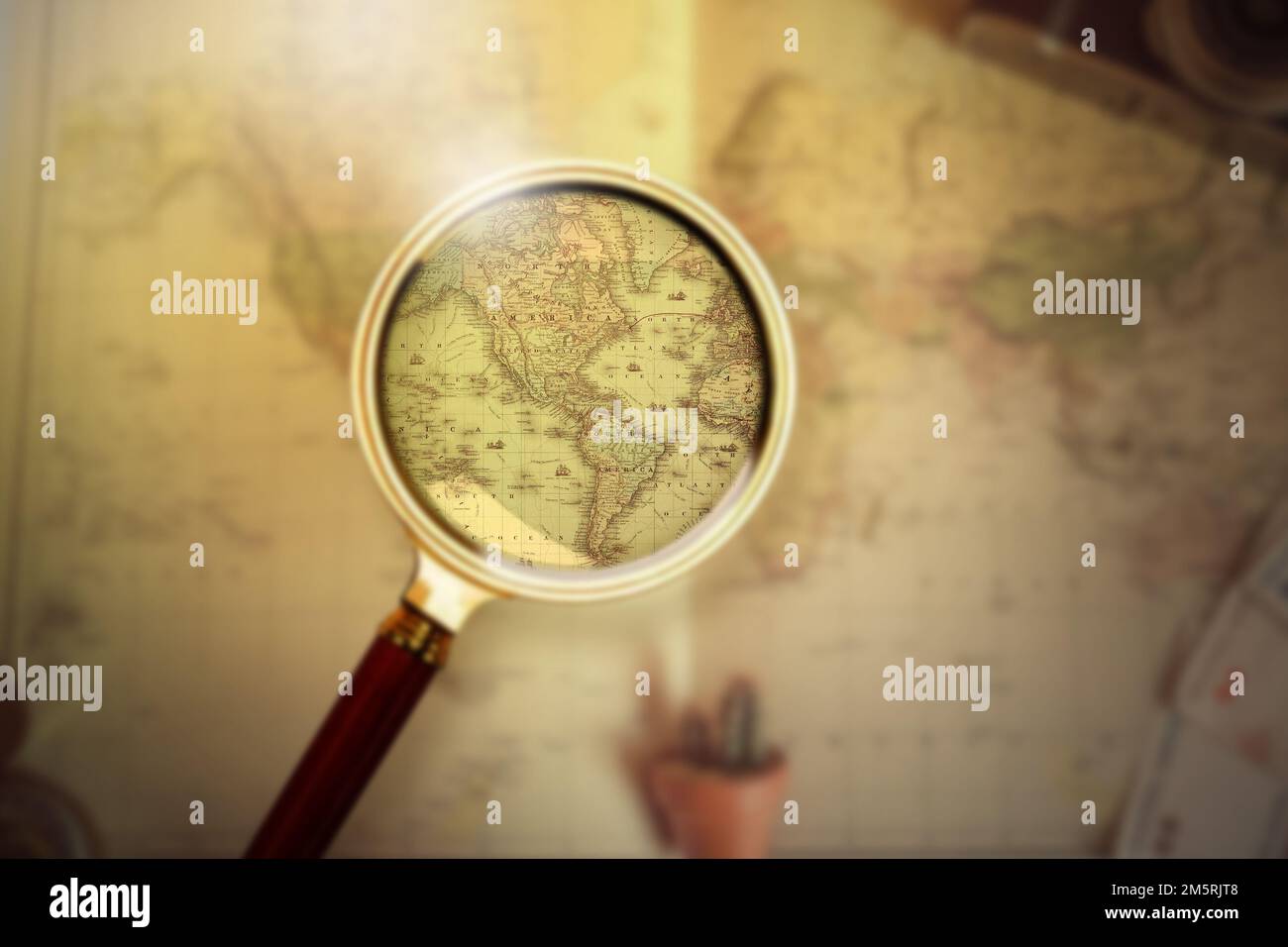 Magnifying glass on vintage retro USA map and currency. Vintage camera ...