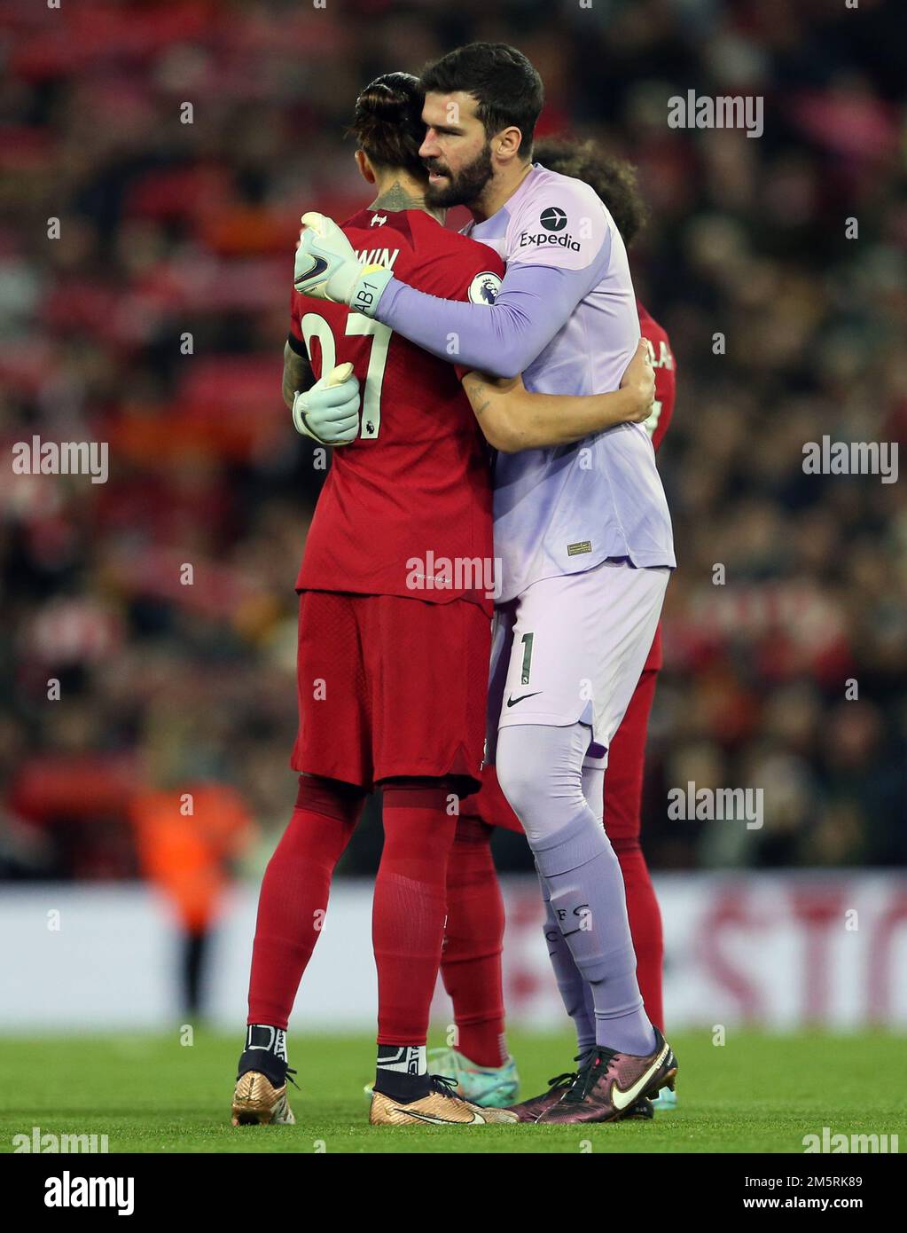 Liverpool's Darwin Nunez hugs goalkeeper Alisson Becker ahead of the ...