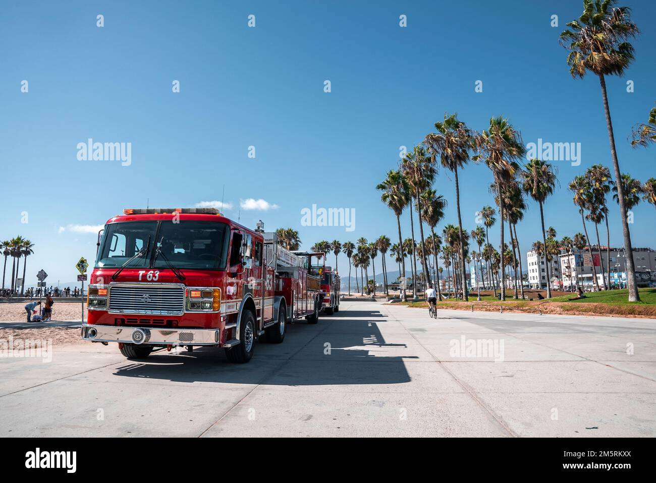 Fire rescue vehicles parked on road at Venice beach during summer Stock ...