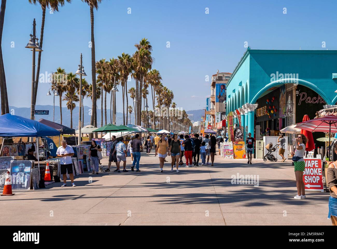 Tourists walking on boardwalk by palm trees and buildings at Venice ...
