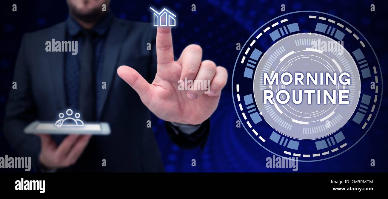 Conceptual caption Morning Routine. Word for initiation of consumer ...