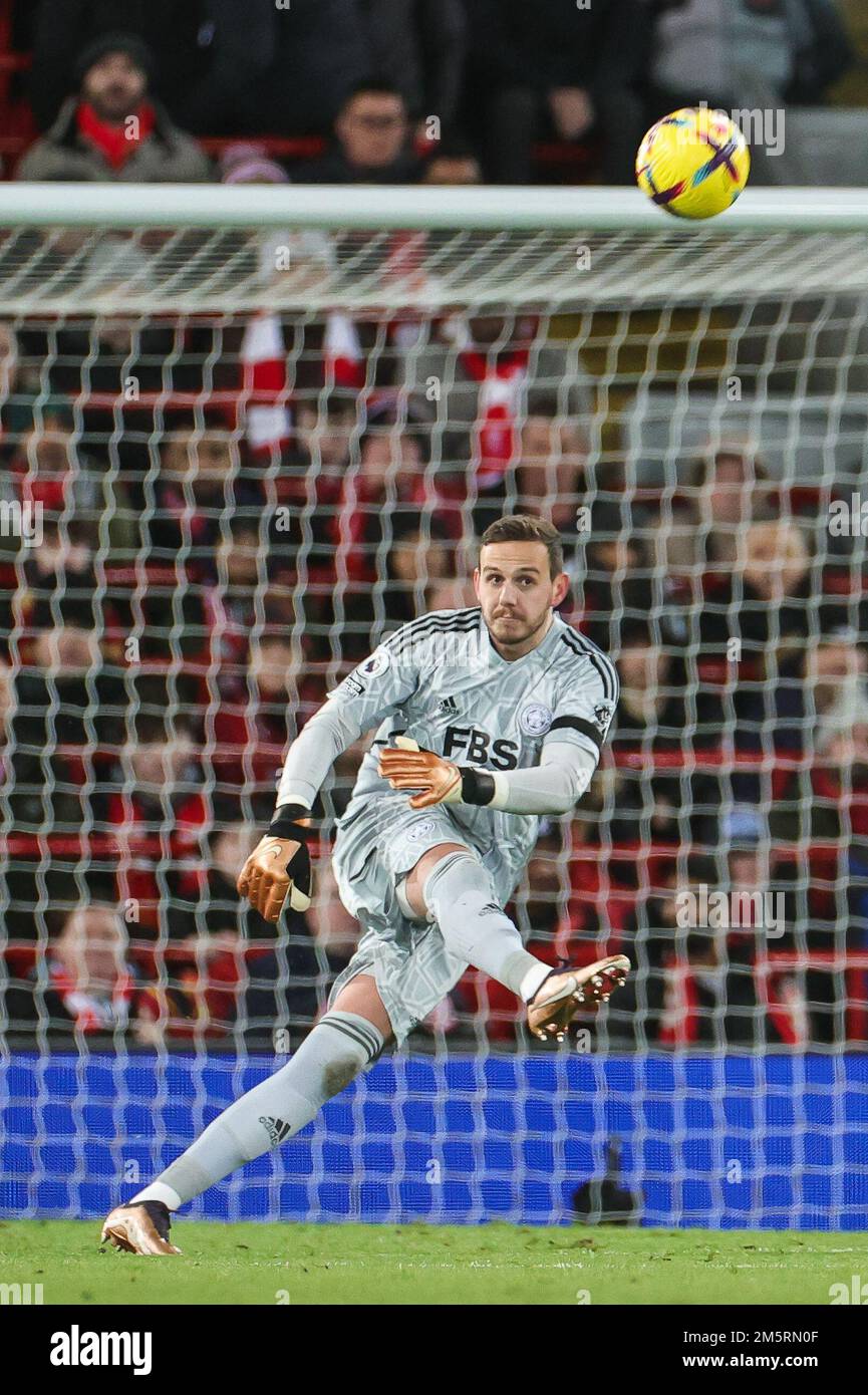 Danny Ward #1 of Leicester City clears ups field during the Premier ...