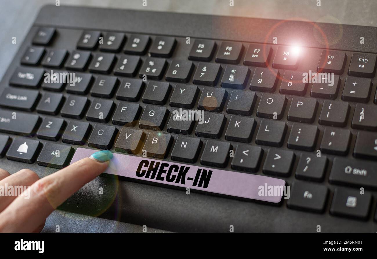 Text showing inspiration Check In. Concept meaning Procedure by which ...