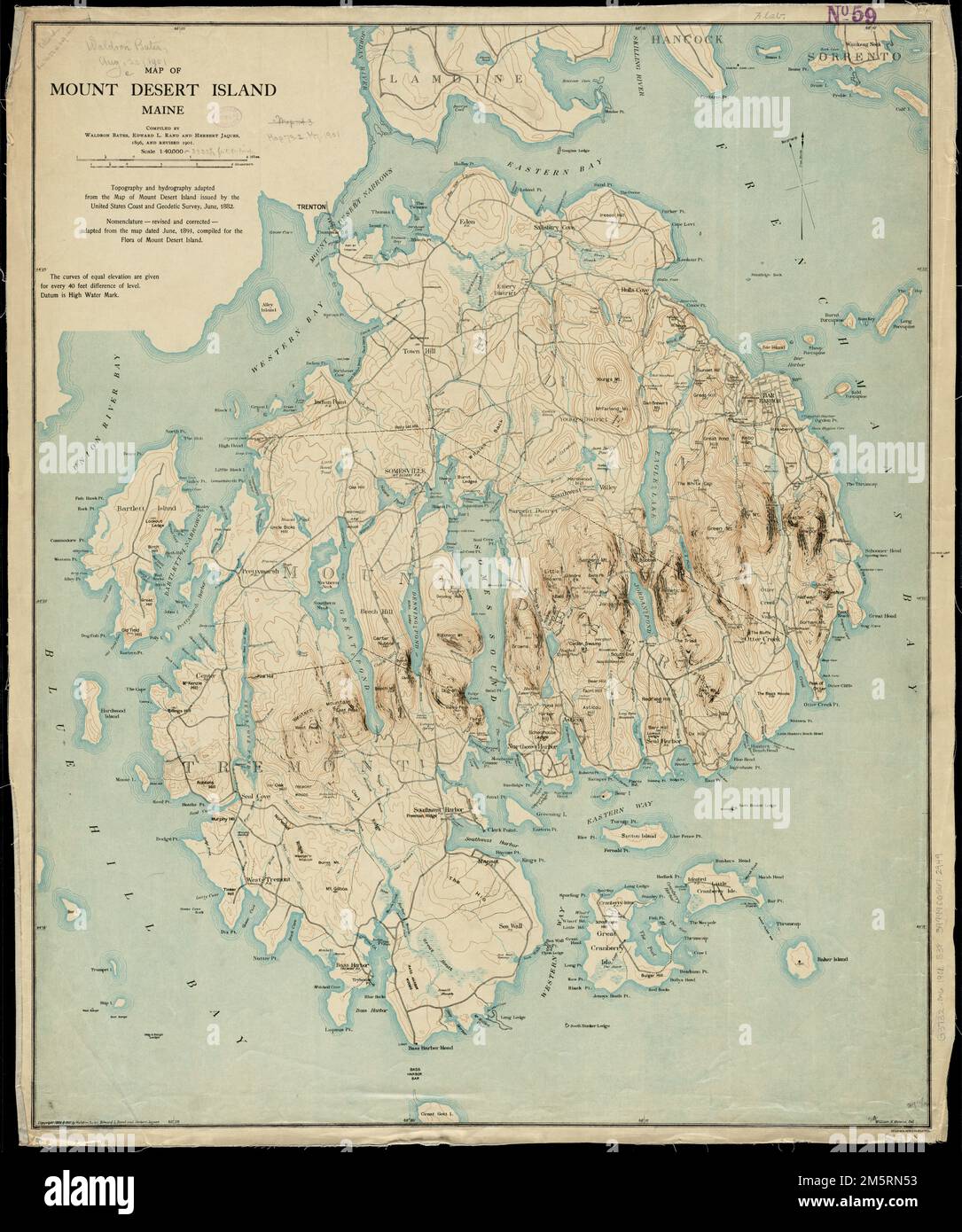 Map of Mount Desert Island, Maine. Relief shown by contours, hachures ...