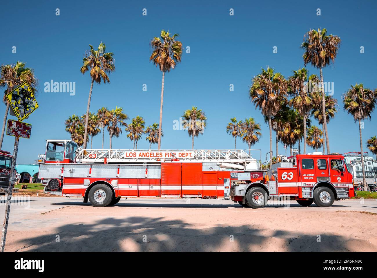 Fire rescue vehicle with Los Angeles fire dept text on ladder at Venice ...