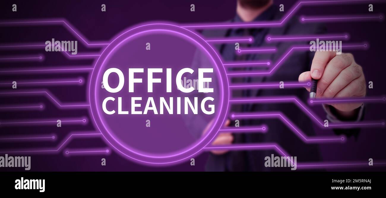 Text sign showing Office Cleaning. Business concept the action or ...