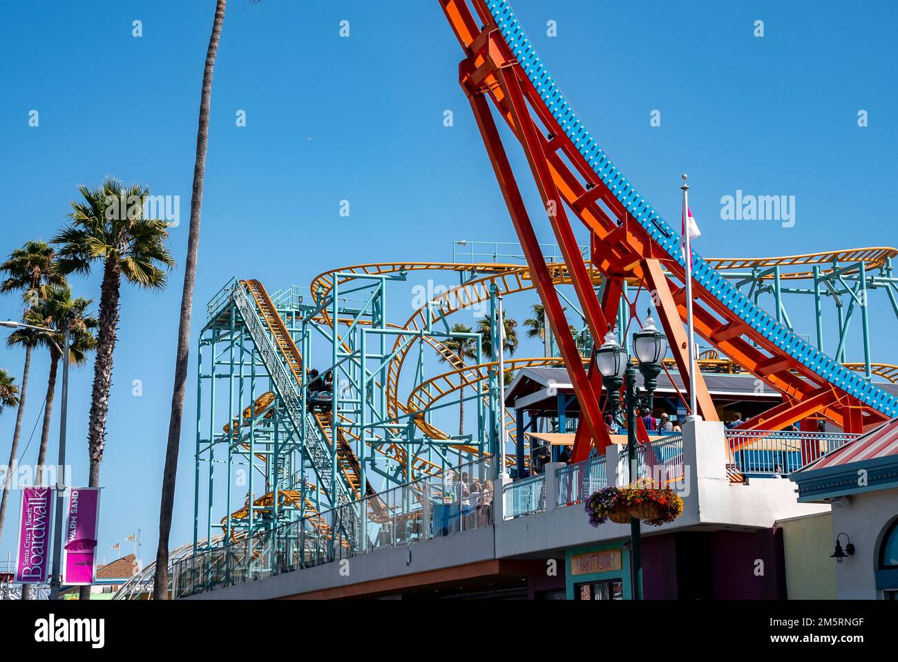 Various amusement park rides at Santa Cruz Beach Boardwalk during ...
