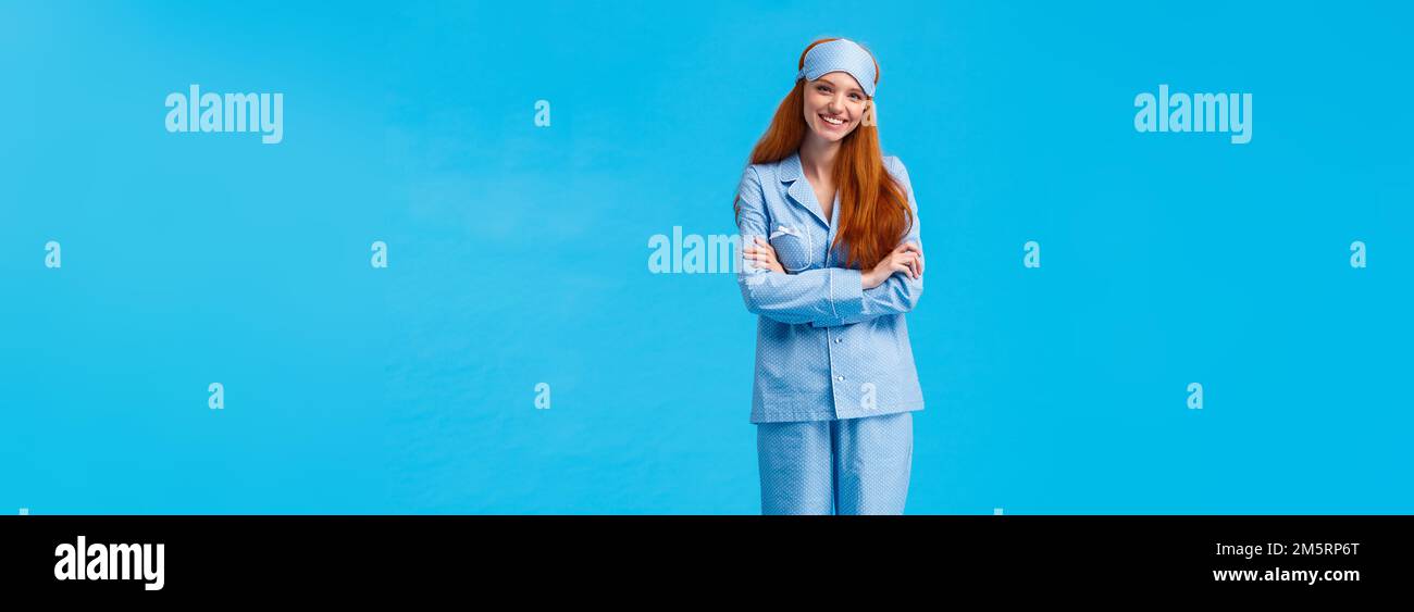 Vertical Full Length Shot Happy Cheerful Caucasian Foxy Woman Teenage Redhead Girl In Nightwear