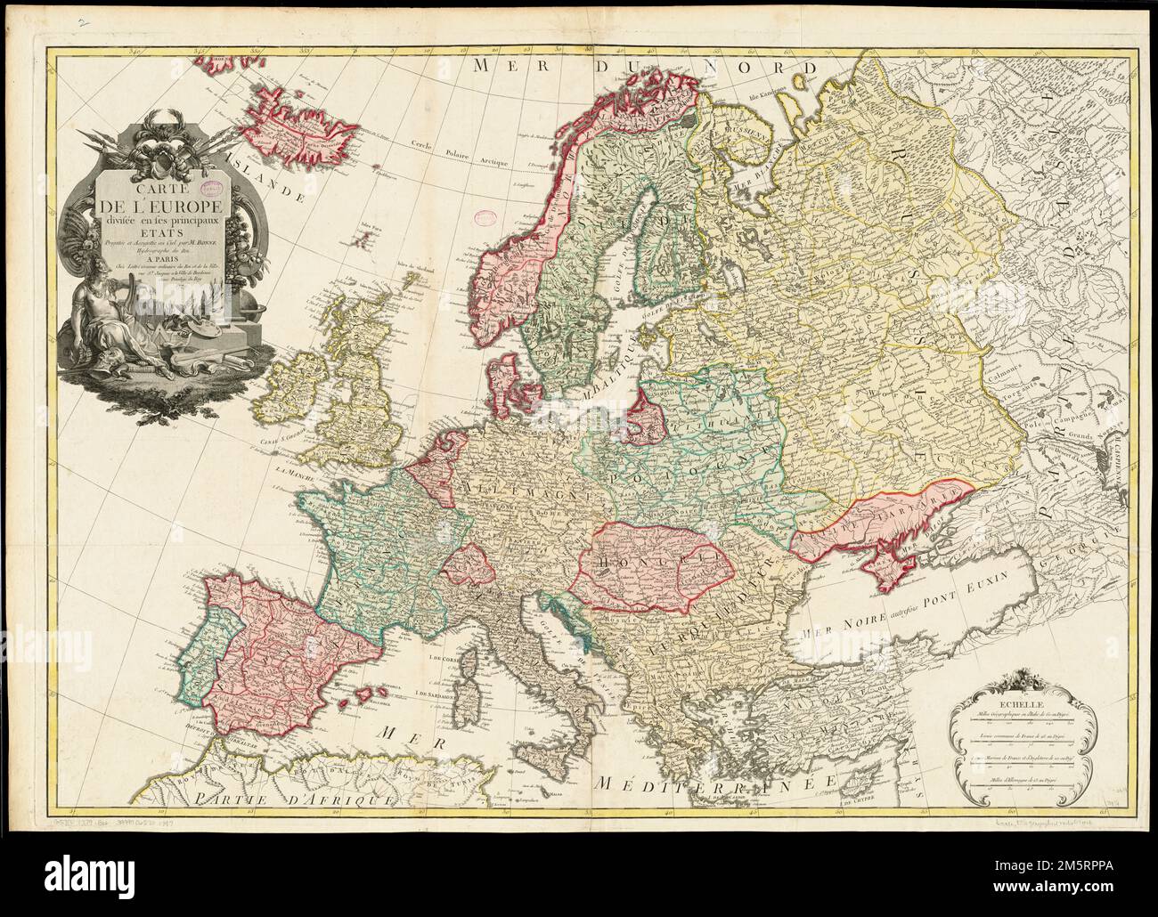 Carte de l'Europe divisée en ses principaux états. Relief shown ...