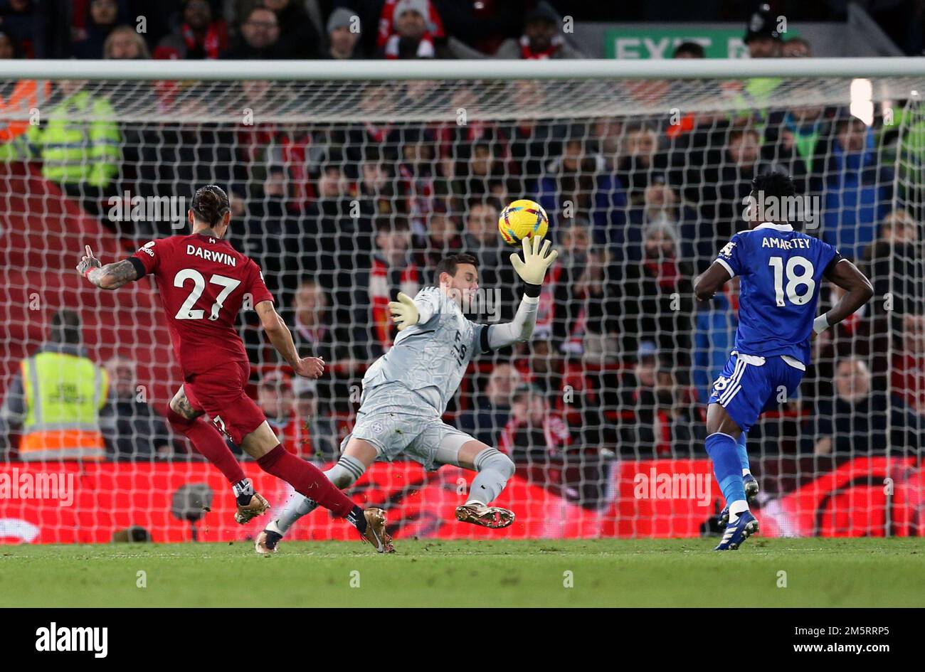 Liverpool's Darwin Nunez shoots towards Leicester City goalkeeper Danny ...
