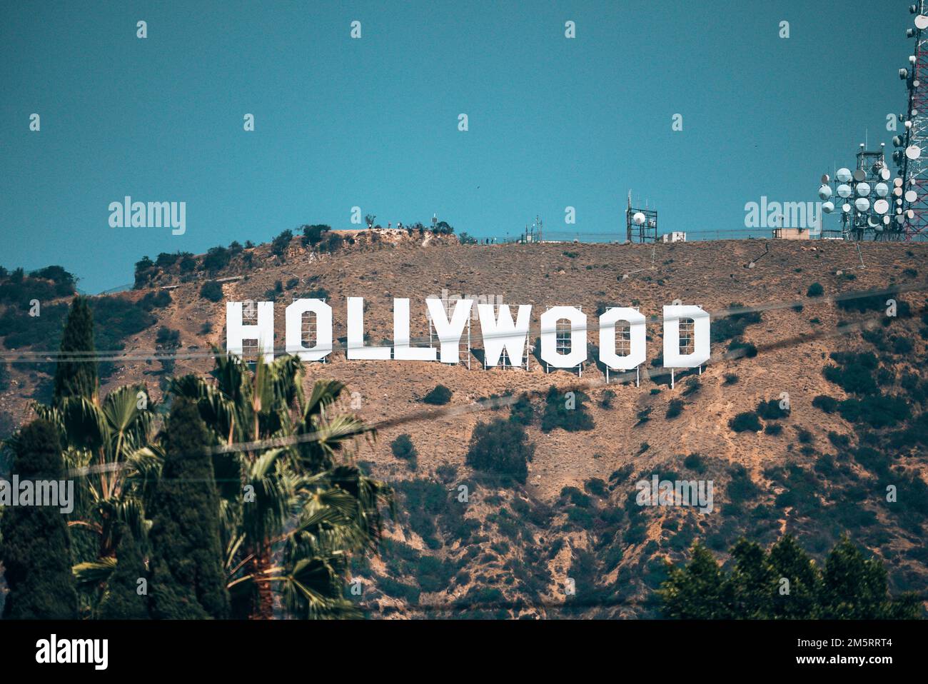 Hollywood sign on Mount Lee from the distance with clear blue sky in ...