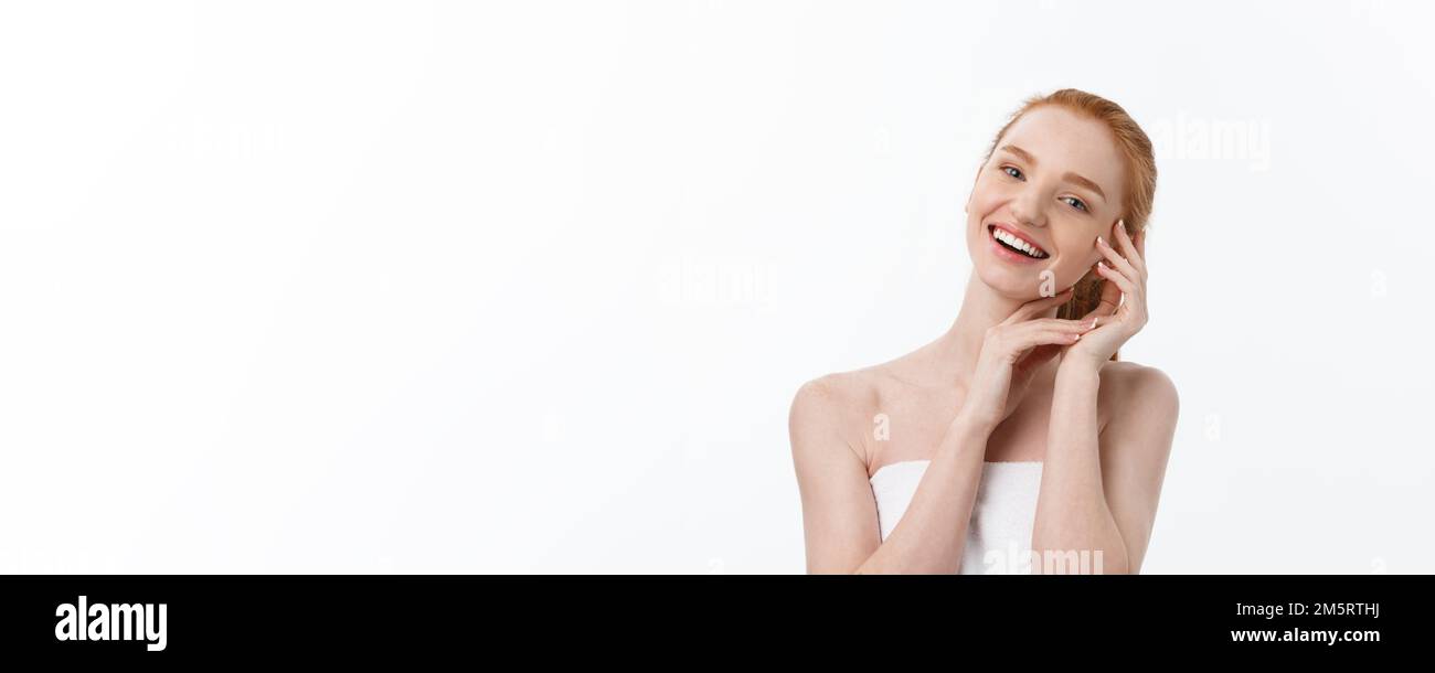 Happy beautiful girl is happy smiling and laughing look stright ...