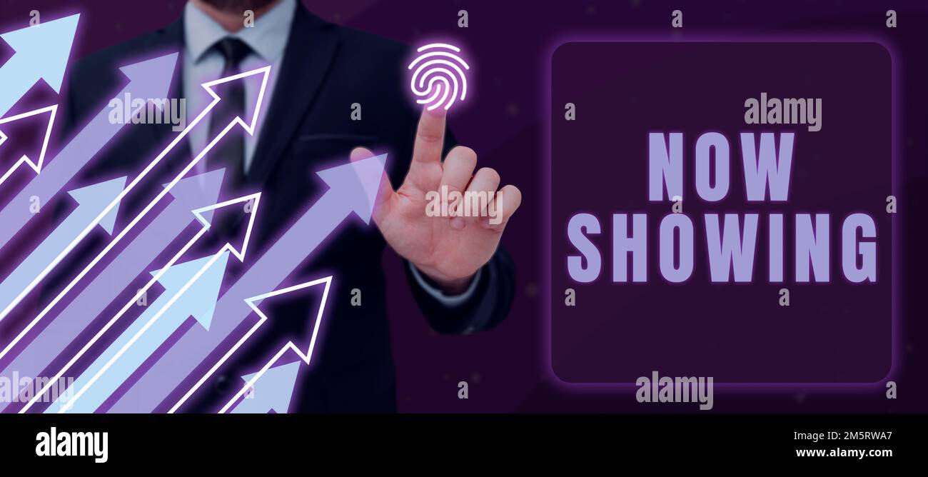 Hand writing sign Now Showing. Internet Concept opportunity for the ...