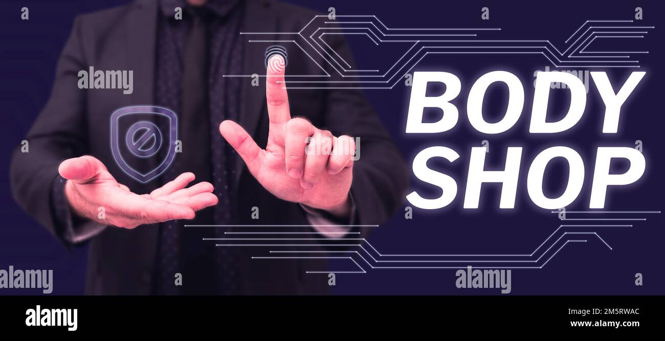 Hand writing sign Body Shop. Word Written on a shop where automotive ...