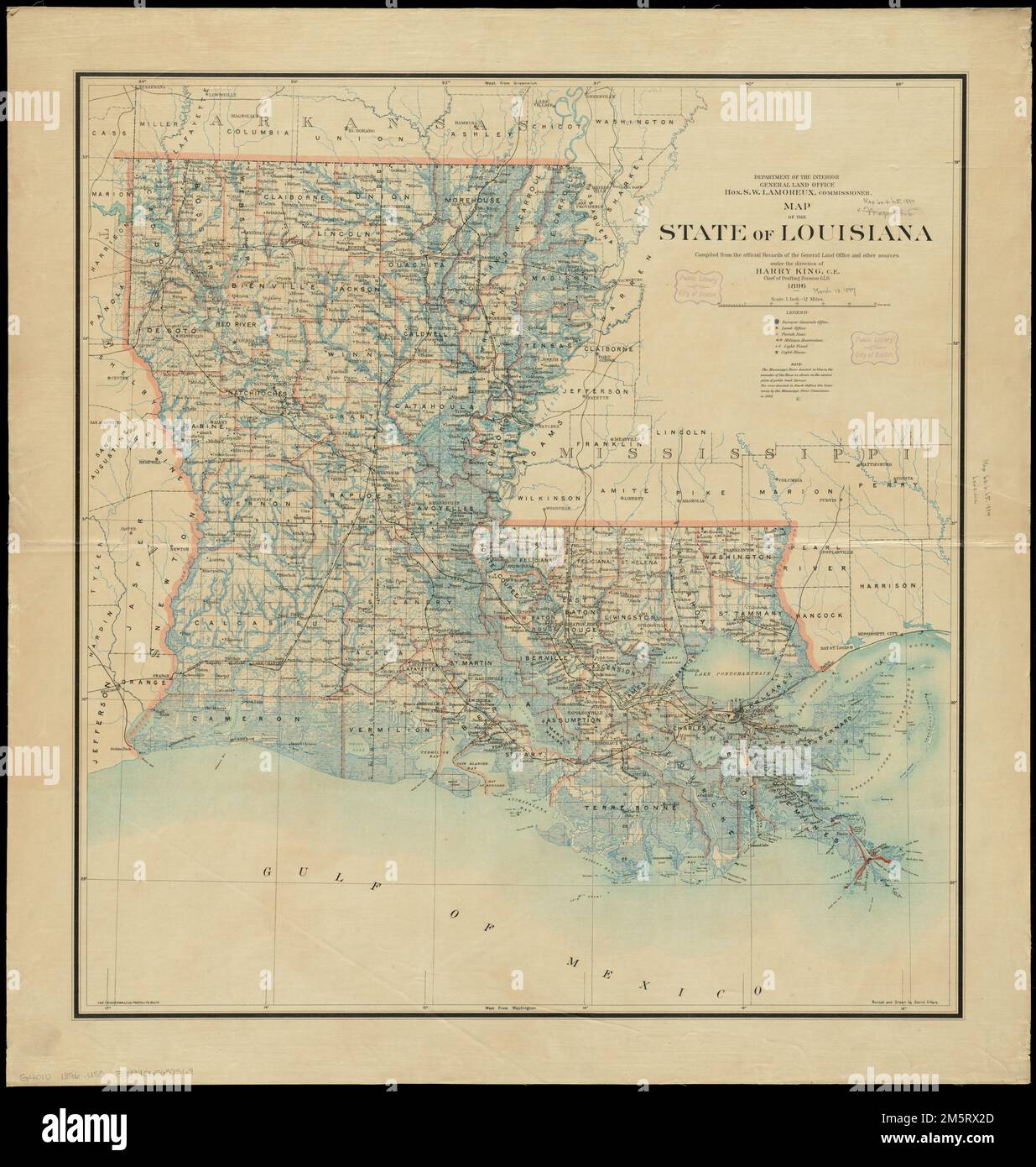 Map of the state of Louisiana. Shows location of marshlands, railroads ...