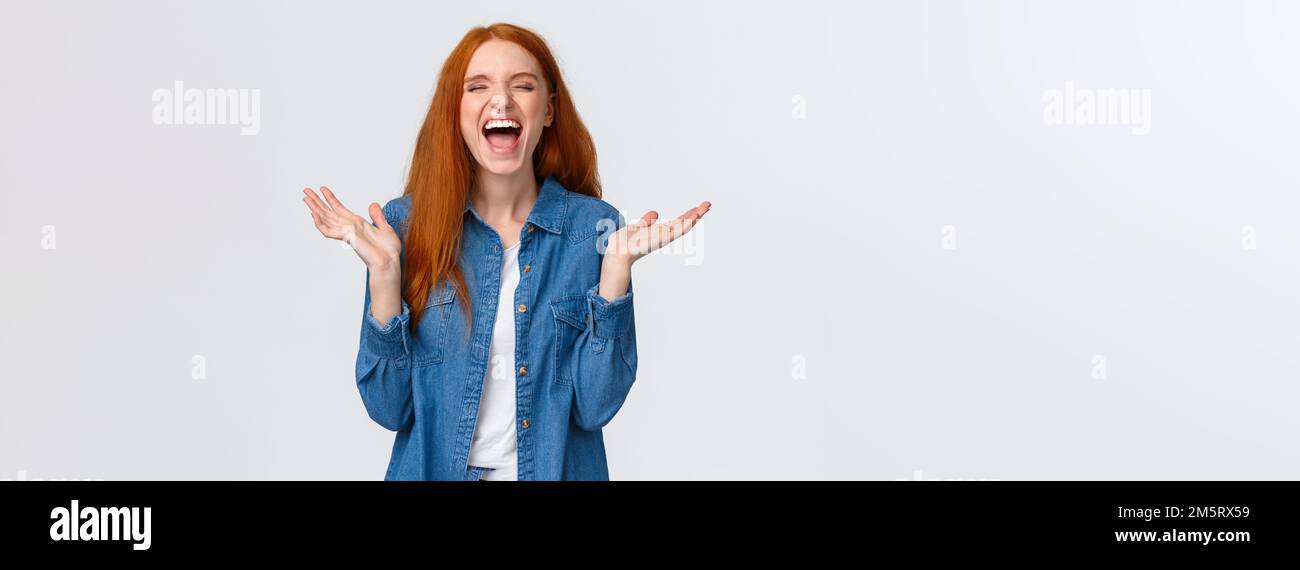 Lol so funny. Amused and carefree pretty redhead female student clap ...