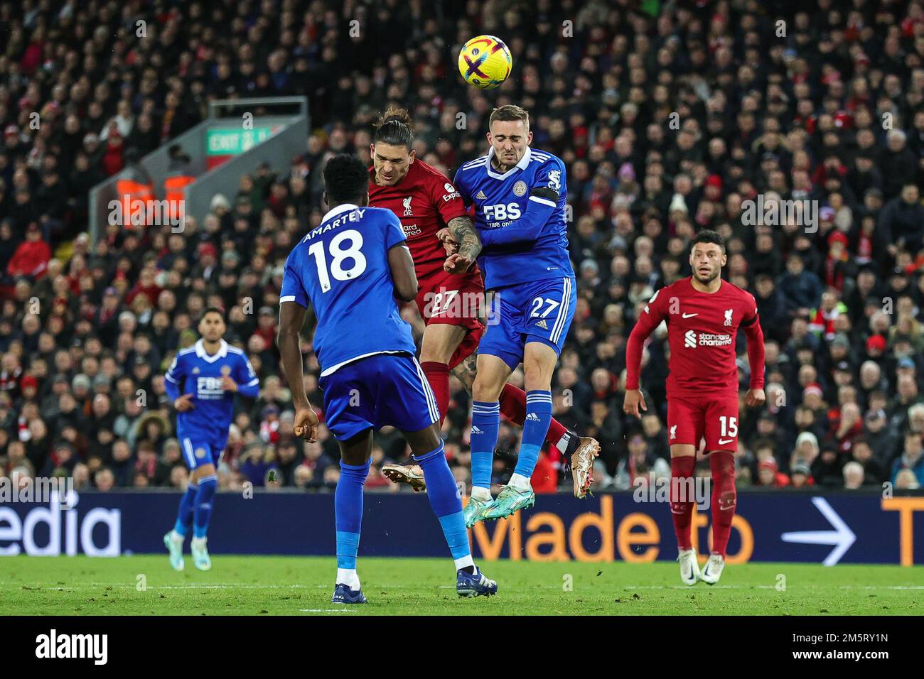 Timothy Castagne #27 of Leicester City heads clear during the Premier ...